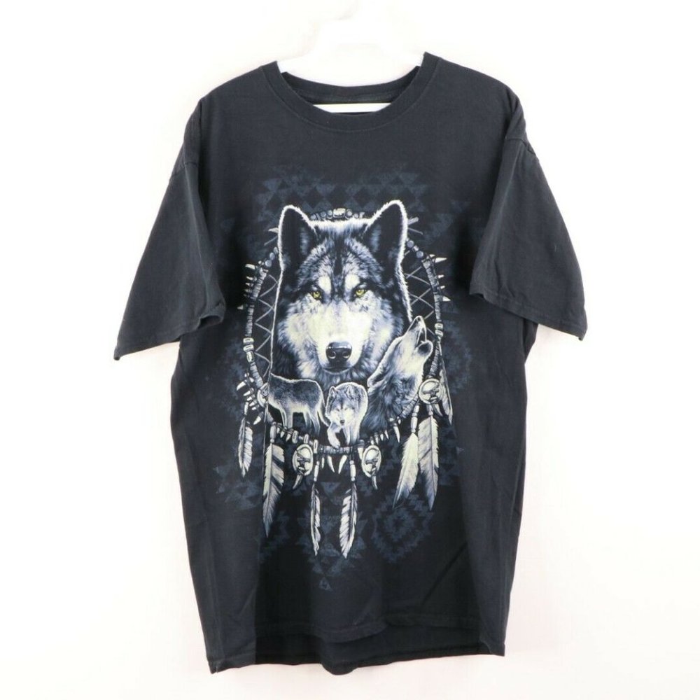 Vintage Streetwear Southwestern Wolf Print T-Shirt - Gem